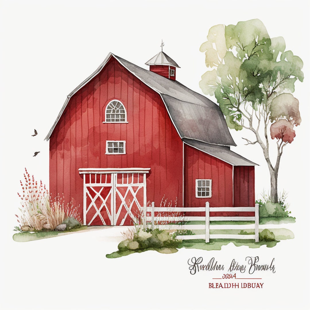 Antique Red Barn Clipart, 8 High Quality JPG Watercolor Art, Digital ...