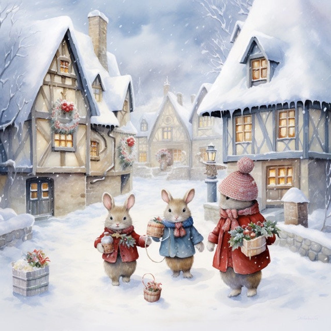 Bunny Rabbit Christmas Watercolor Clip Art 4 JPG Mix Media Card Making ...