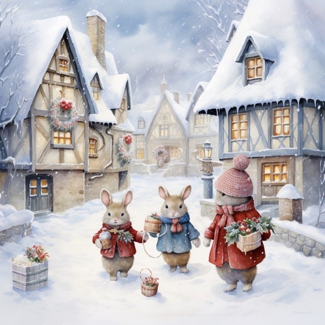 Bunny Rabbit Christmas Watercolor Clip Art 4 JPG Mix Media Card Making ...