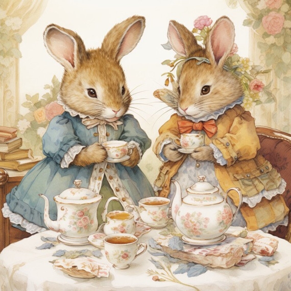 Bunny Rabbit Tea Time Watercolor Clip Art Sublimation Graphics 4 JPG ...