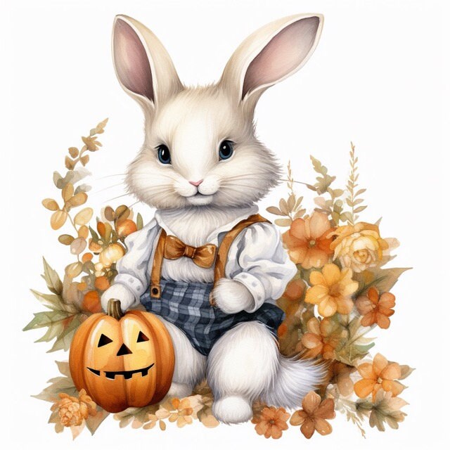 Halloween Thanksgiving Pumpkin Bunny Rabbit Watercolor Clip Art 4 PNG ...