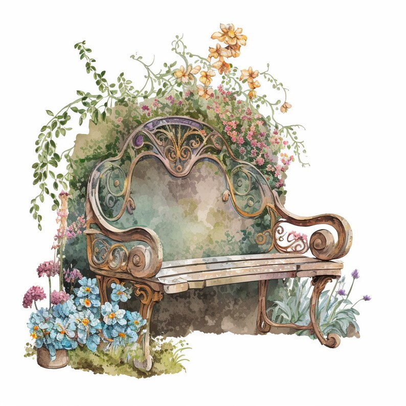 Antique Benches Bench Clipart, 8 High Quality JPG Watercolor Art ...