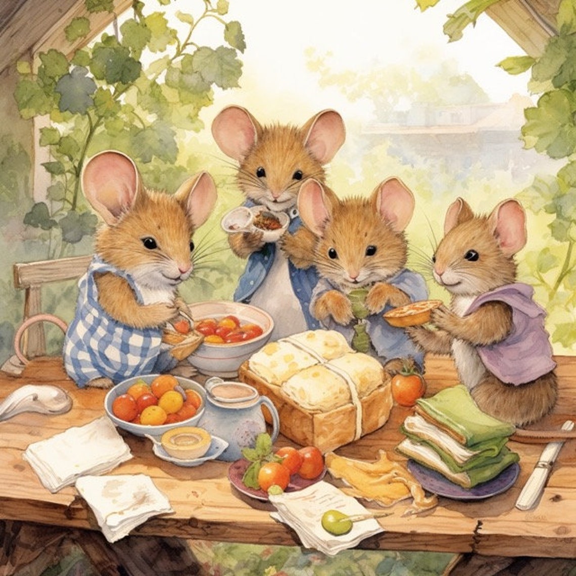 Mice Lunch Party Watercolor Clip Art 4 PNG Mix Media Card - Etsy