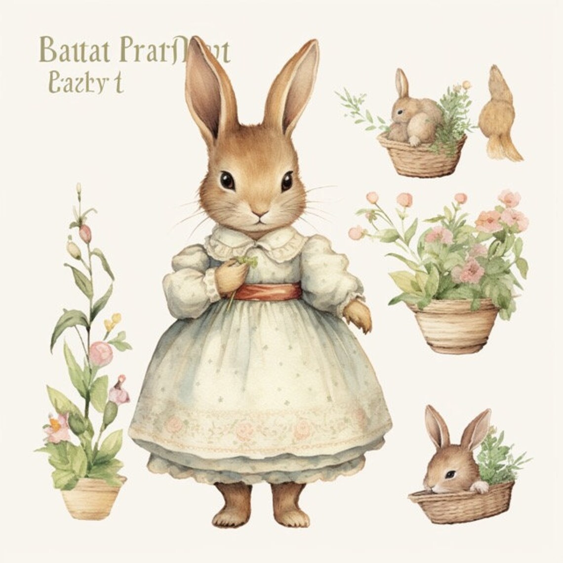 Bunny Rabbit Flower Watercolor Clip Art Sublimation Graphics 4 PNG ...