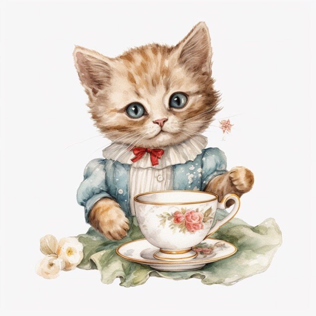 Kitten Tea Time Clipart Clip Art 8 PNG Format Instant Download - Etsy