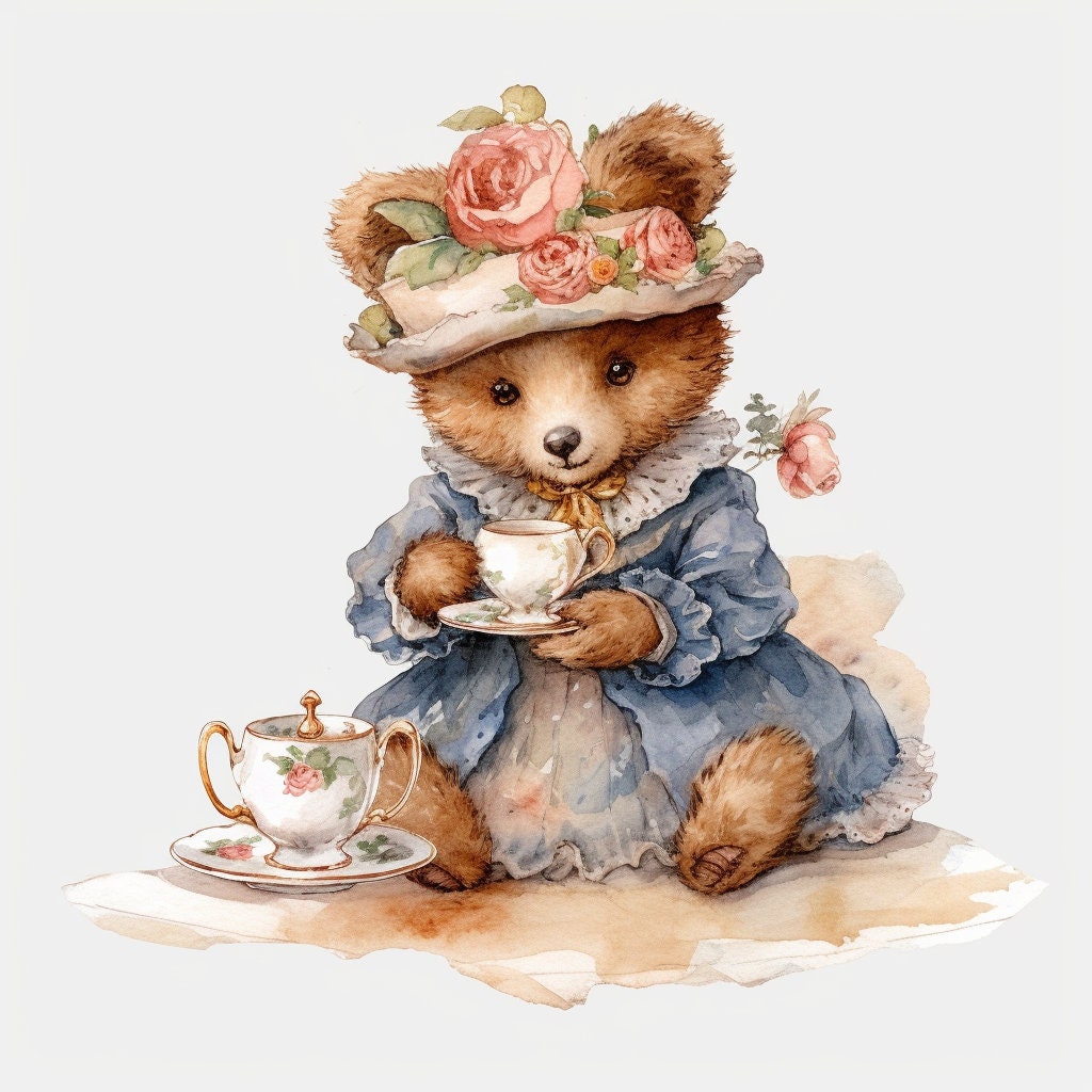Teddy Bear Tea Time Watercolor Clipart 8 High Quality JPG - Etsy