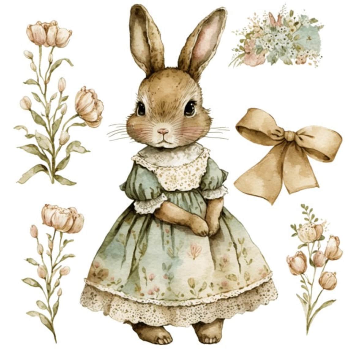 Vintage Bunny Rabbit Watercolor Clip Art Sublimation Graphics 4 PNG ...