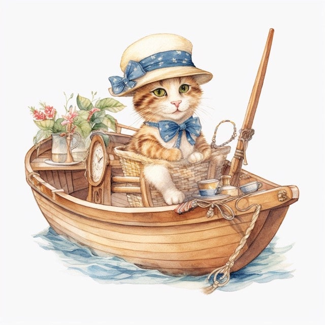 Kitty Cat a Captain Cruising 8 High Quality JPG Watercolor Digital ...