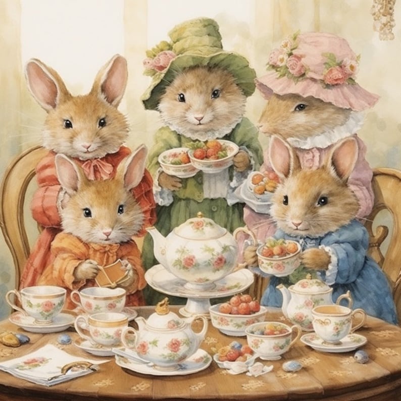 Bunny Rabbit Social Tea Time Watercolor Clip Art 4 JPG Files - Etsy