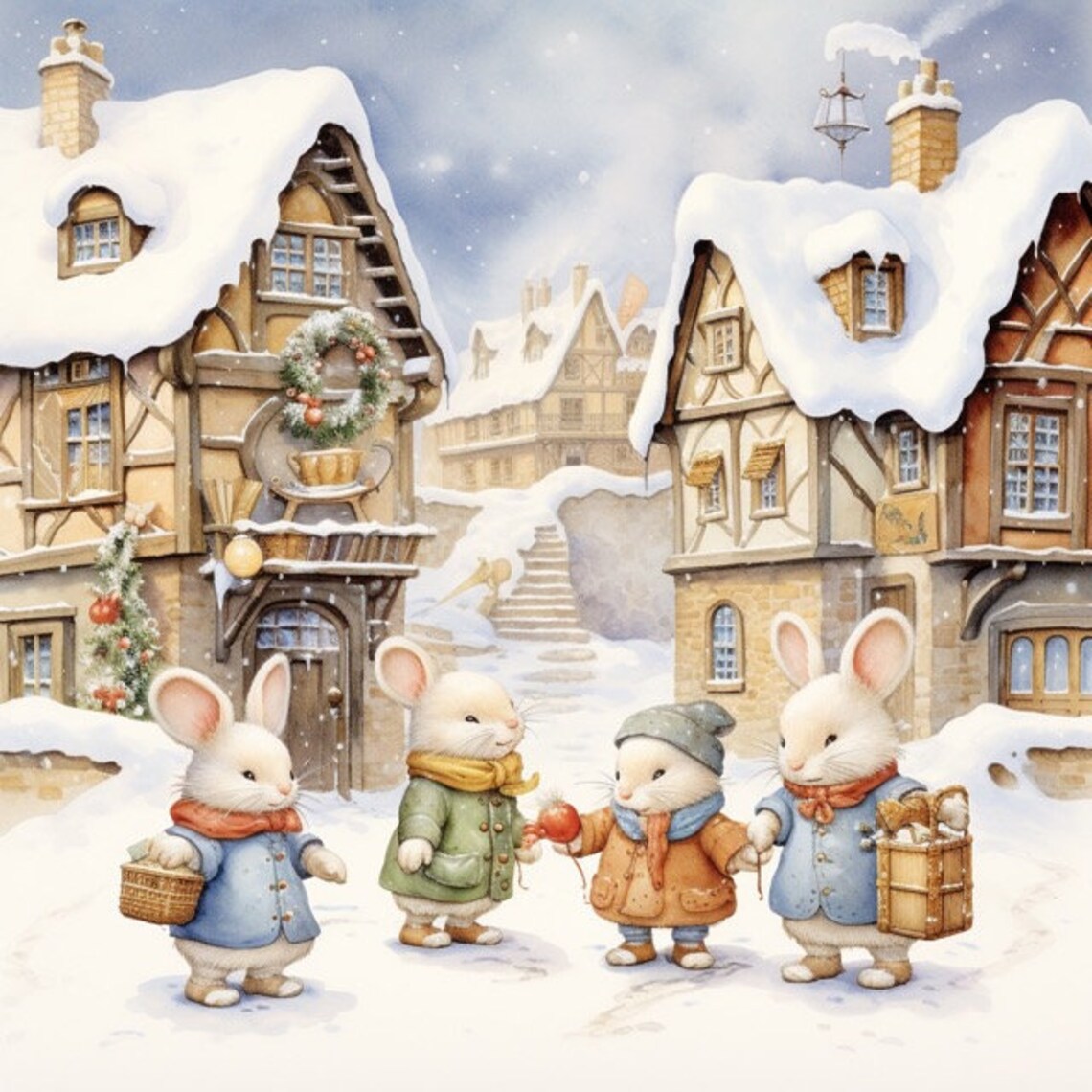 Bunny Rabbit Christmas Watercolor Clip Art 4 JPG Mix Media Card Making ...