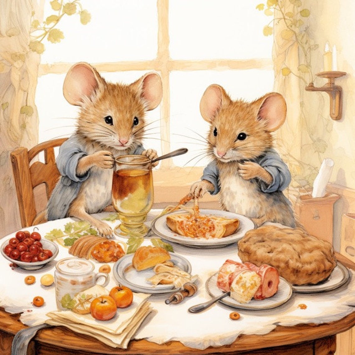 Mice Lunch Party Watercolor Clip Art 4 PNG Mix Media Card - Etsy