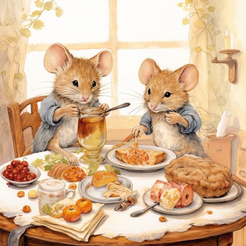 Mice Lunch Party Watercolor Clip Art 4 PNG Mix Media Card - Etsy