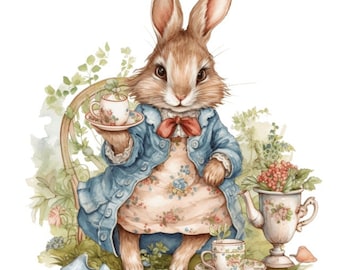 Vintage Bunny Rabbit Flowers Clip Art Sublimation Graphics Watercolor 4 ...