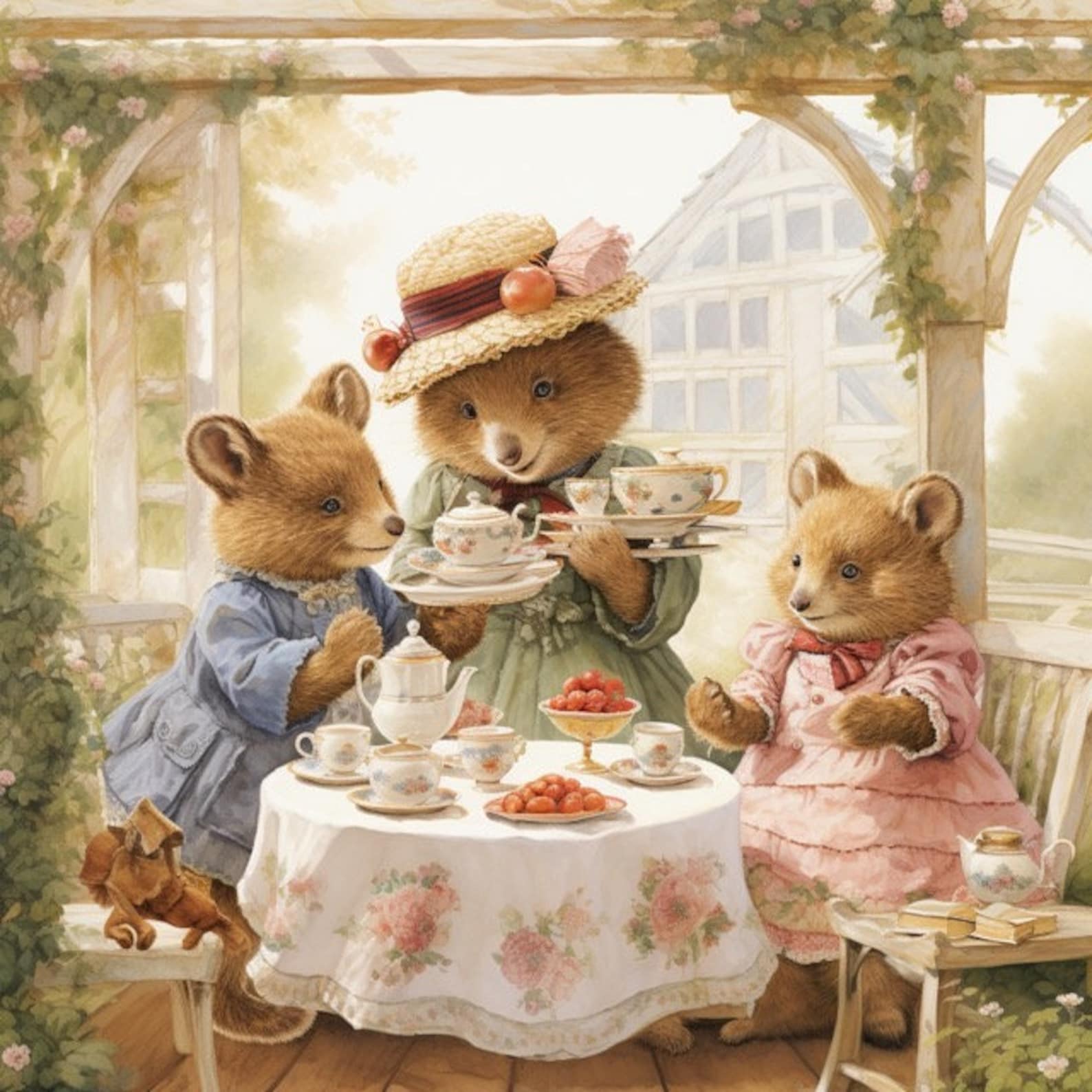 Teddy Bear Tea Time Watercolor Clip Art Sublimation Graphics 4 JPG ...