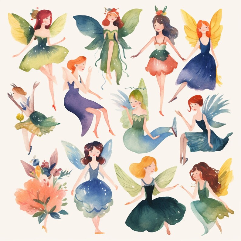 Watercolor Fairies Clipart 8 High Quality JPG Watercolor Art Digital ...