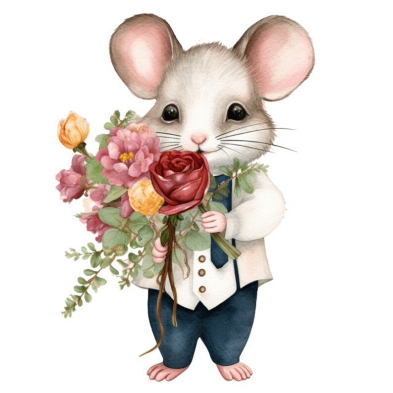 Cute Mouse With Flowers Watercolor Clip Art 4 High Quality PNG Format ...