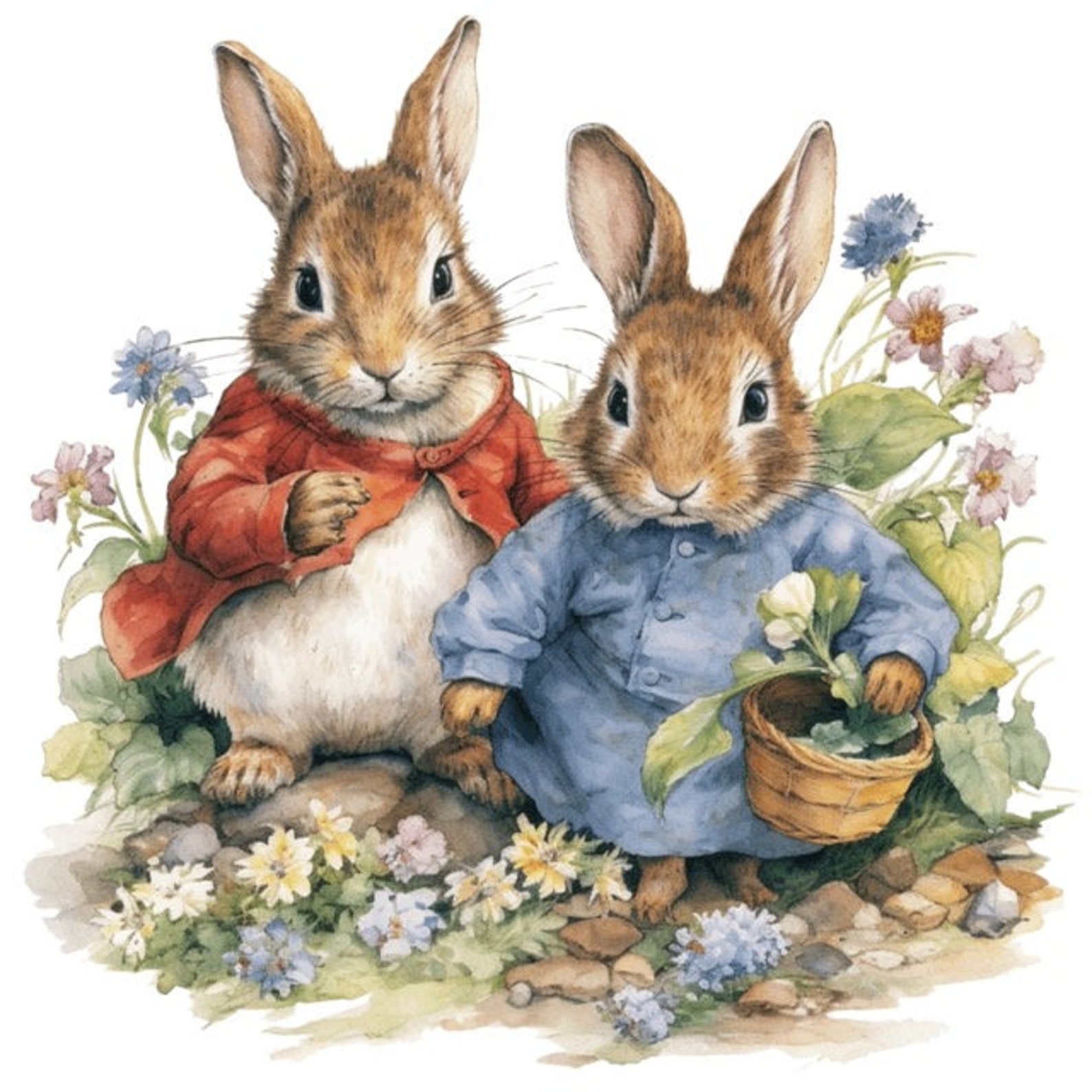 Twin Bunny Rabbits Birthday Card Watercolor Clip Art Sublimation ...