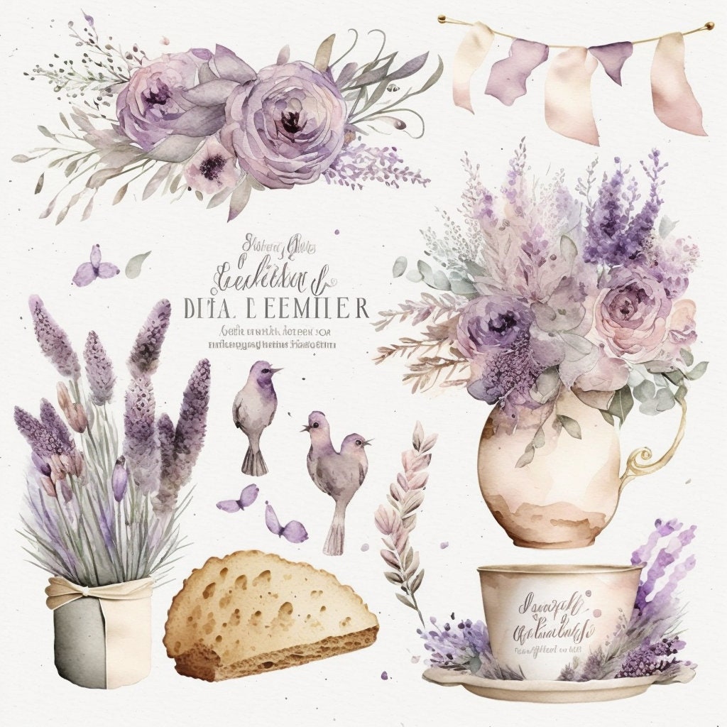 Watercolor Lavender Wedding Clip Art 8 Jpgs Card Making Mix - Etsy