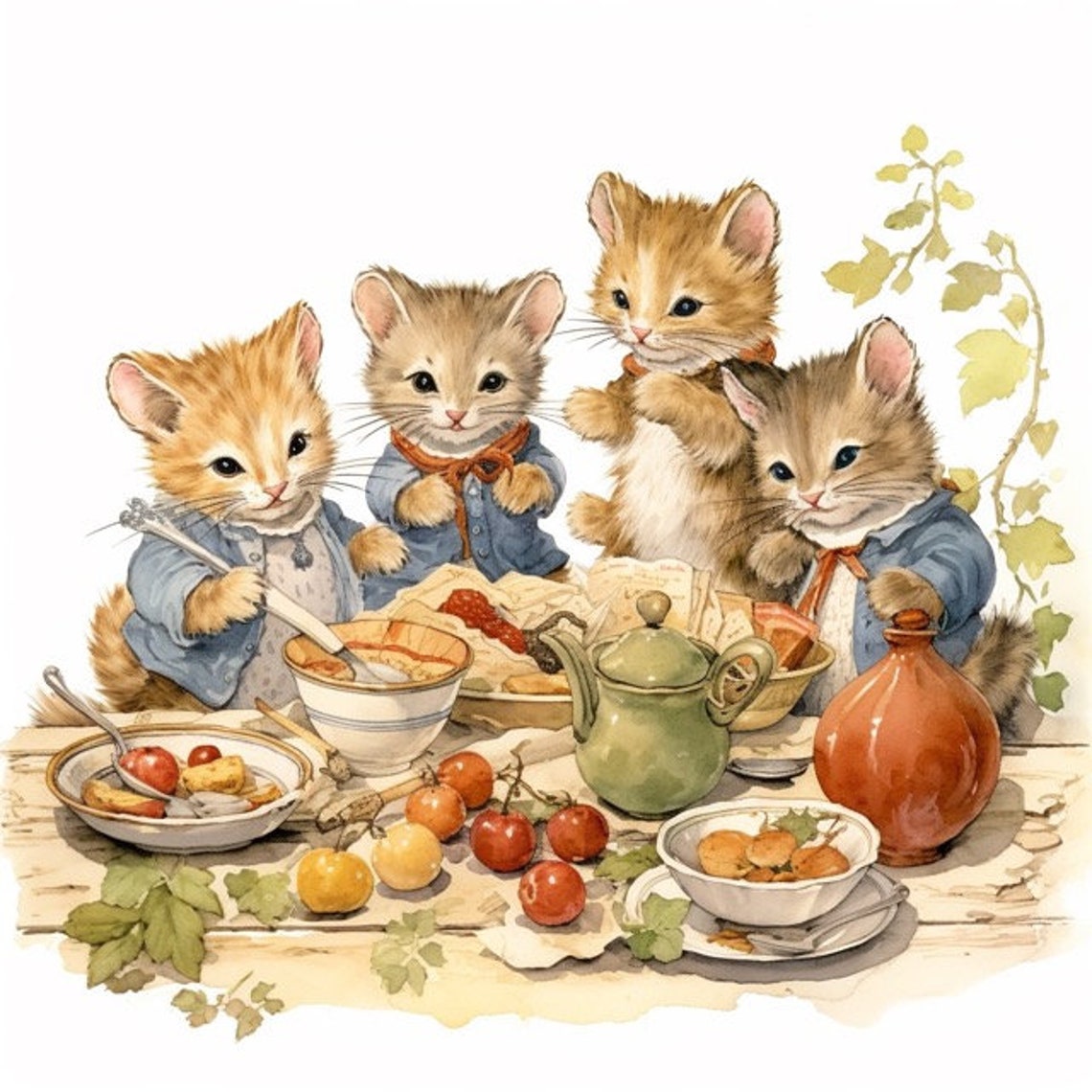 Three Kittens Having Lunch Watercolor Clip Art 4 PNG Mix Media Card ...