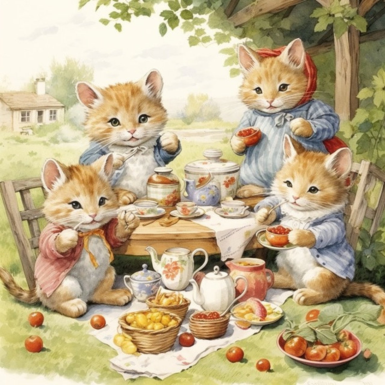 Three Kittens Having Lunch Watercolor Clip Art 4 PNG Mix Media Card ...