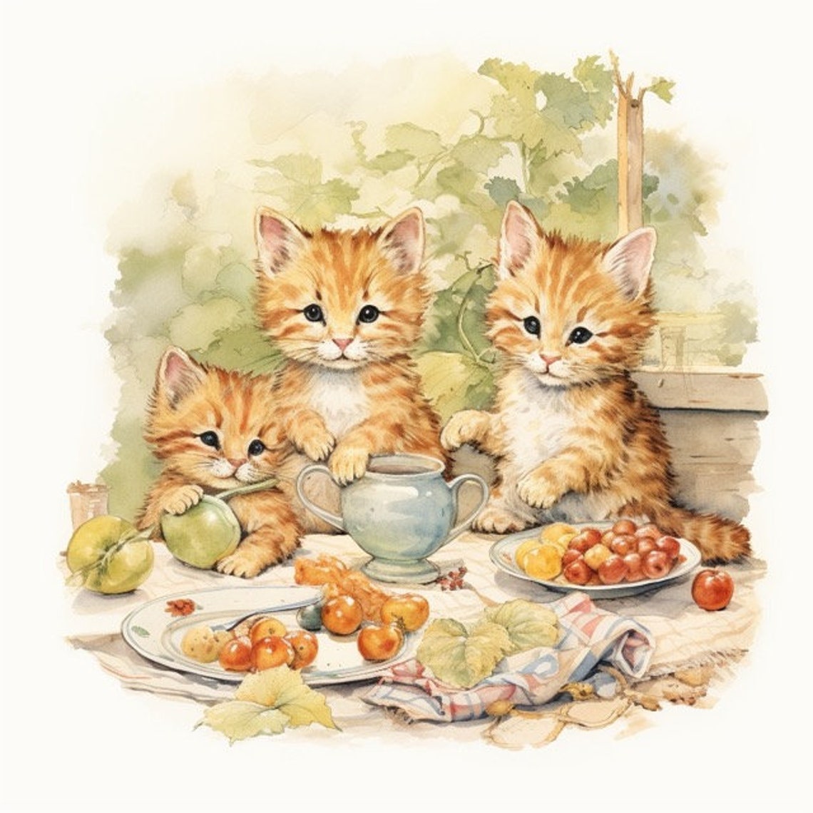 Three Kittens Having Lunch Watercolor Clip Art 4 PNG Mix Media Card ...
