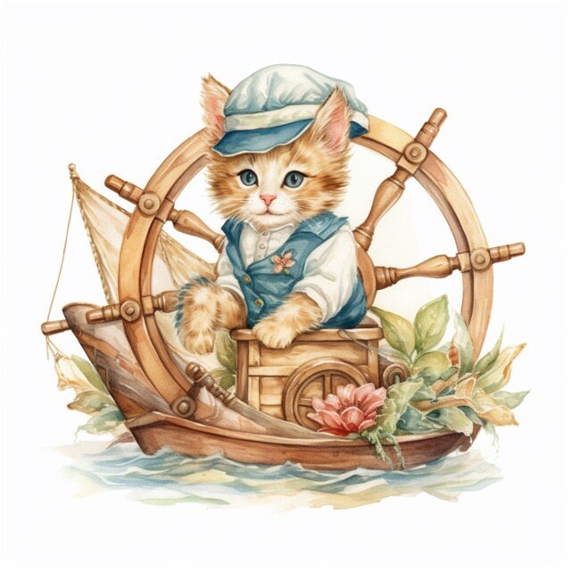 Kitty Cat a Captain Cruising 8 High Quality JPG Watercolor Digital ...