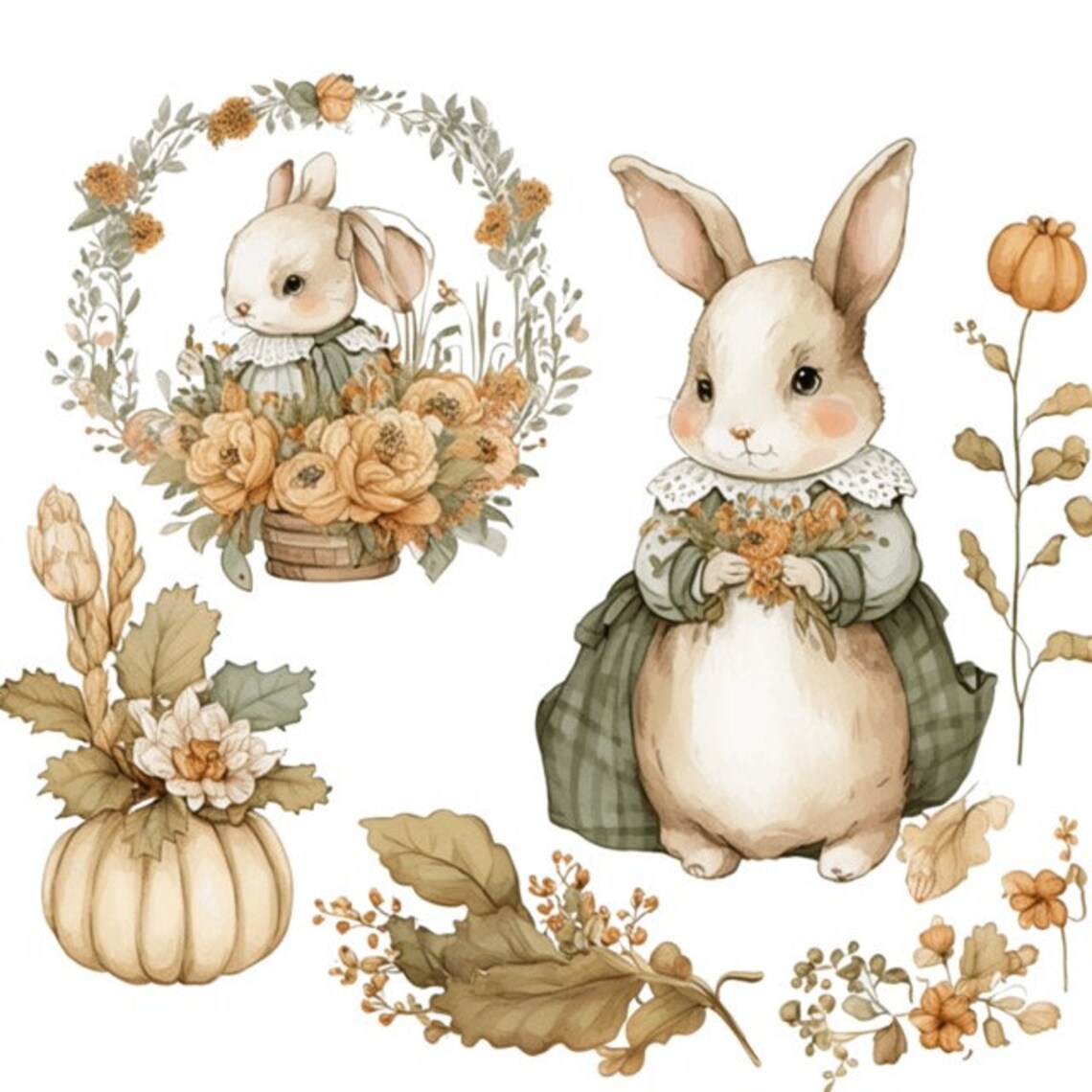 Halloween Thanksgiving Pumpkin Bunny Rabbit Watercolor Clip Art 4 PNG ...