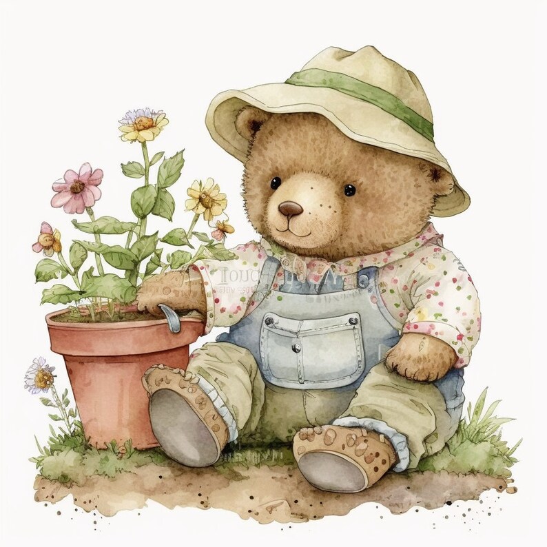Teddy Bear Gardening Clipart 8 High Quality JPG Watercolor - Etsy
