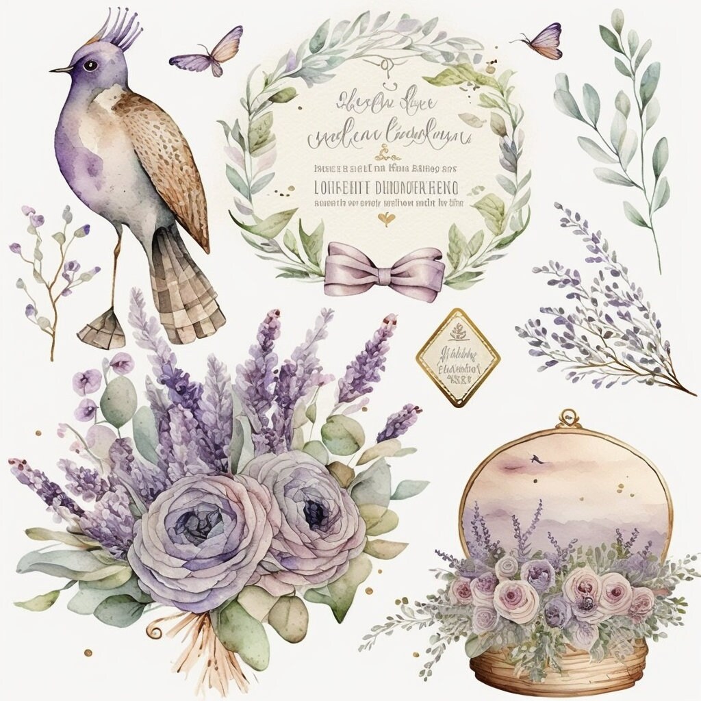 Watercolor Lavender Wedding Clip Art 8 Jpgs Card Making Mix - Etsy