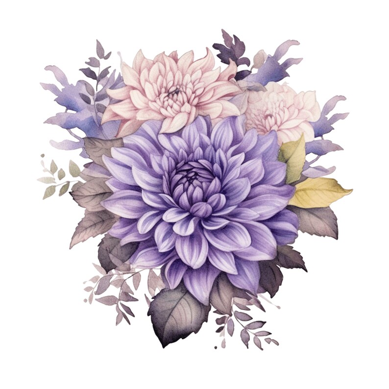 Purple Lilac Dahlia Flower Bouquet Sublimation Graphics Watercolor Clip ...