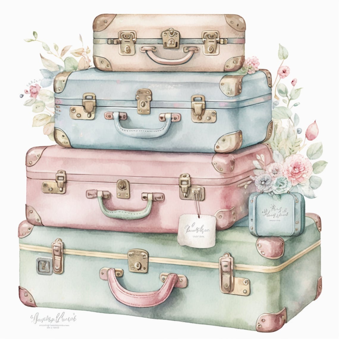 Antique Suitcases Clipart 8 High Quality JPG Watercolor Art - Etsy