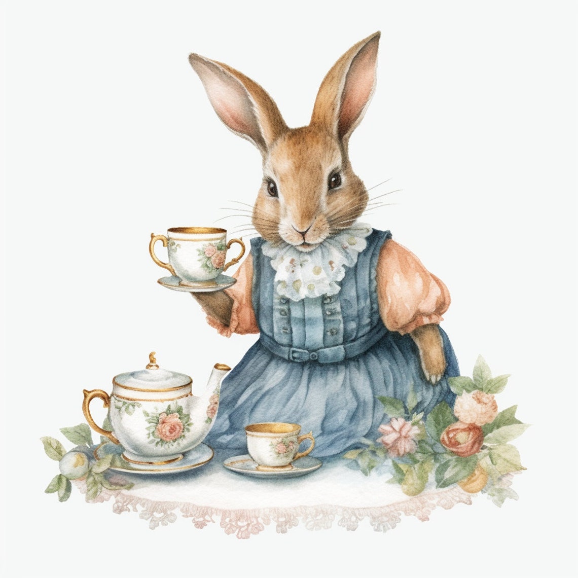 Bunny Rabbit Tea Time Watercolor Clipart 4 High Quality PNG - Etsy