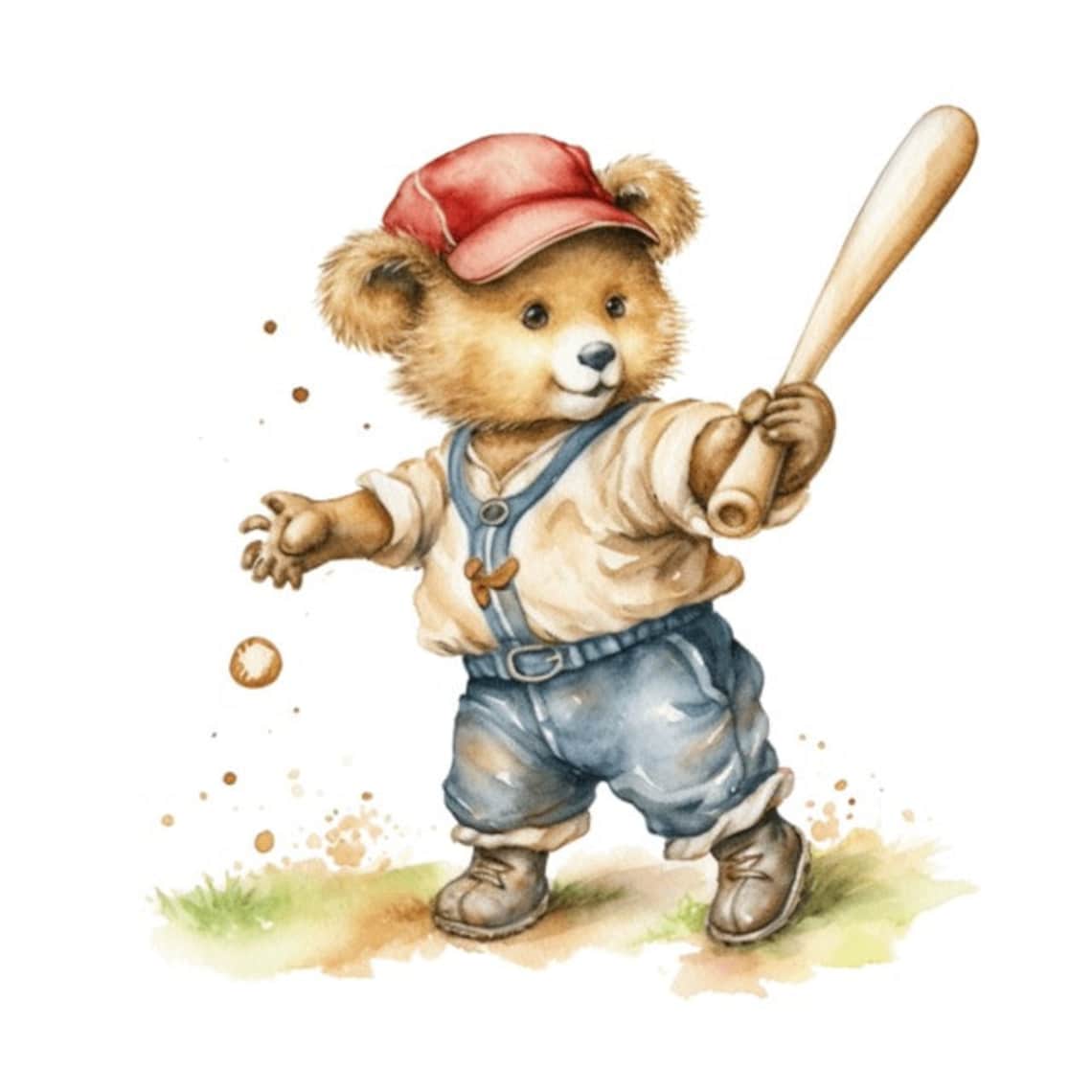Teddy Bear Playing Baseball Father's Day Watercolor Clip Art 4 High ...
