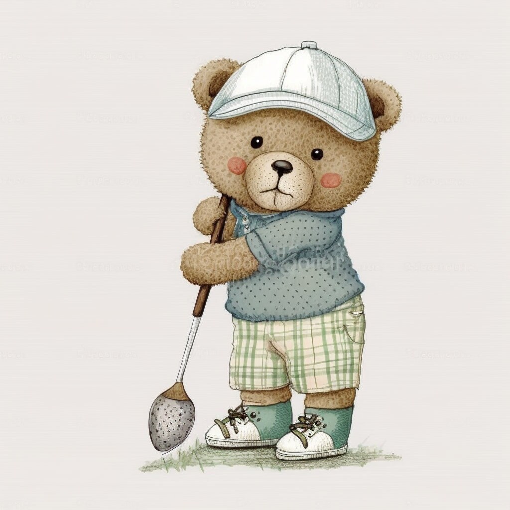 Teddy Bear Playing Golf Clipart, 8 High Quality JPG Watercolor Art ...