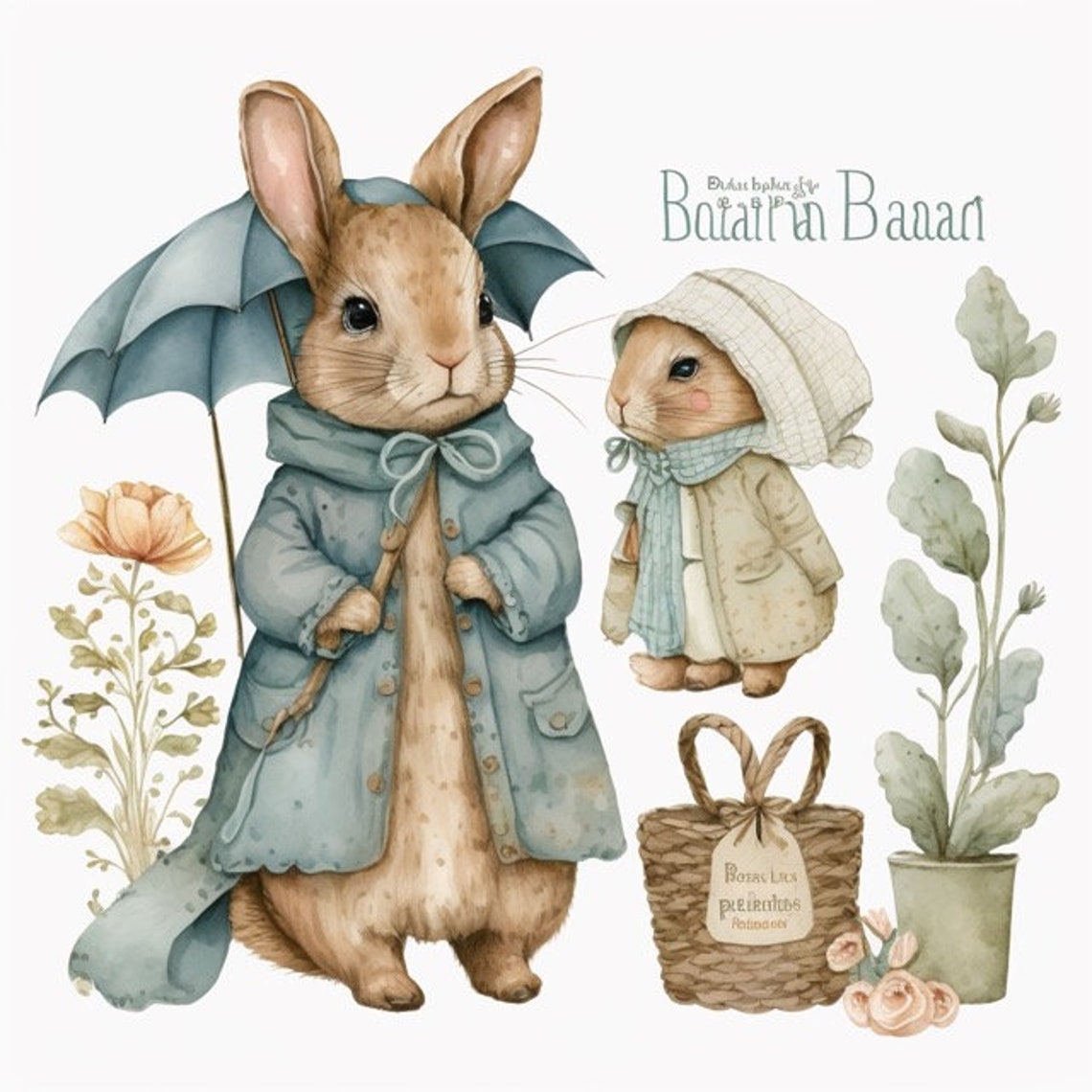 Watercolor Bunny Rabbit Clip Art 34 Separated PNG Card Making Mix Media ...