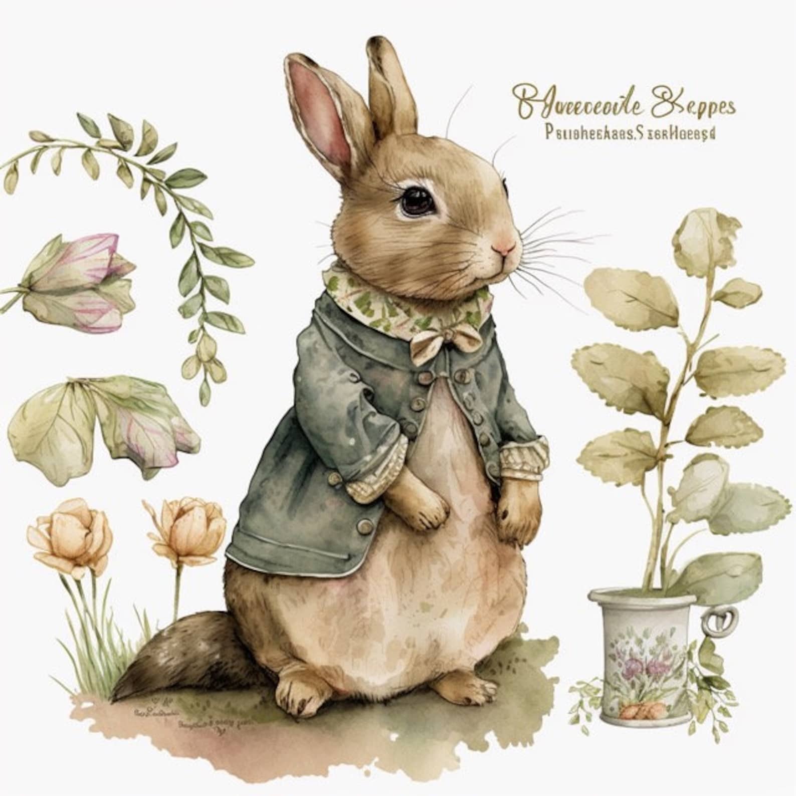 Watercolor Bunny Rabbit Clip Art 34 Separated PNG Card Making Mix Media ...