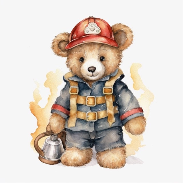 Fireman Teddy Bear Watercolor Clipart 8 High Quality JPG, Digital ...