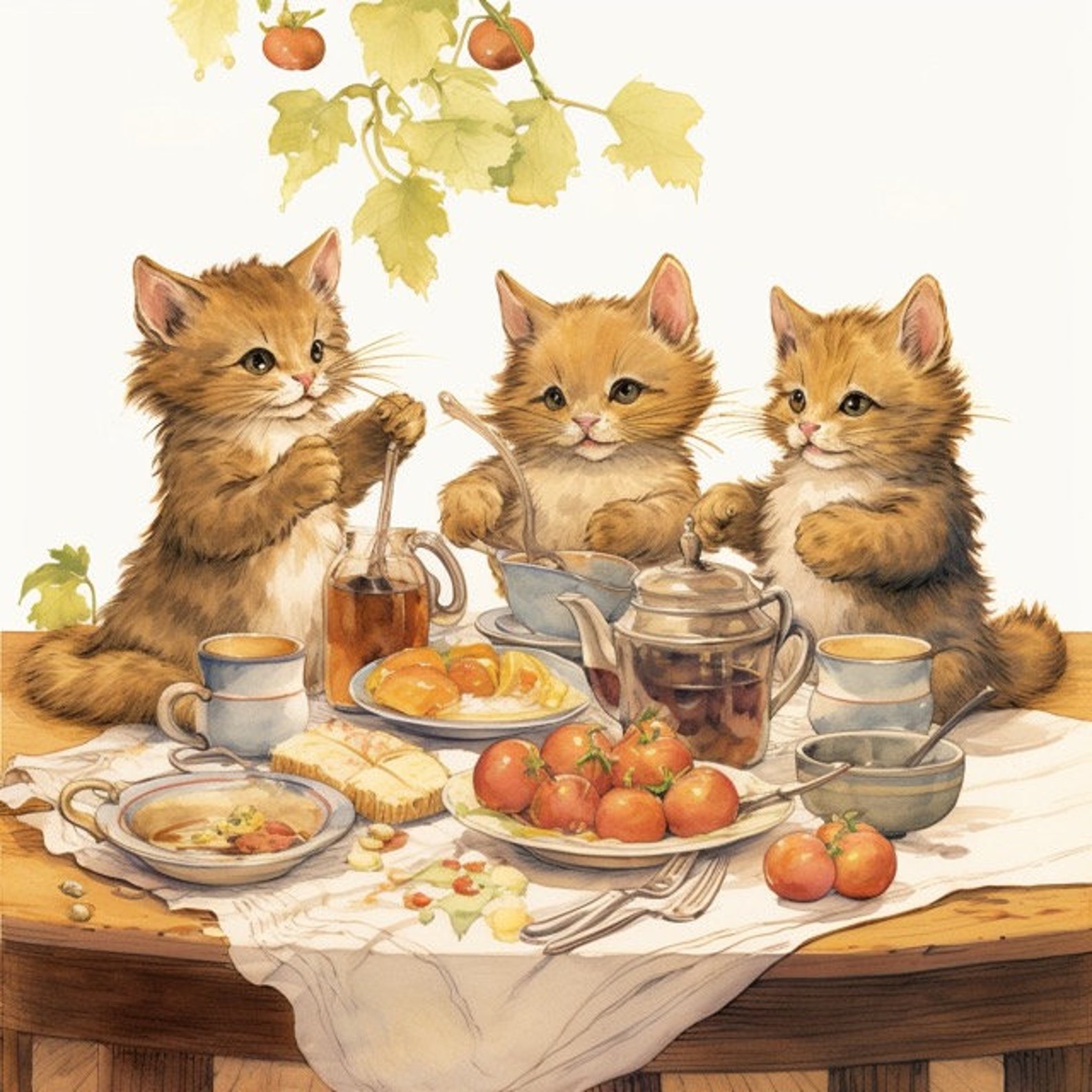 Three Kittens Having Lunch Watercolor Clip Art 4 PNG Mix Media Card ...