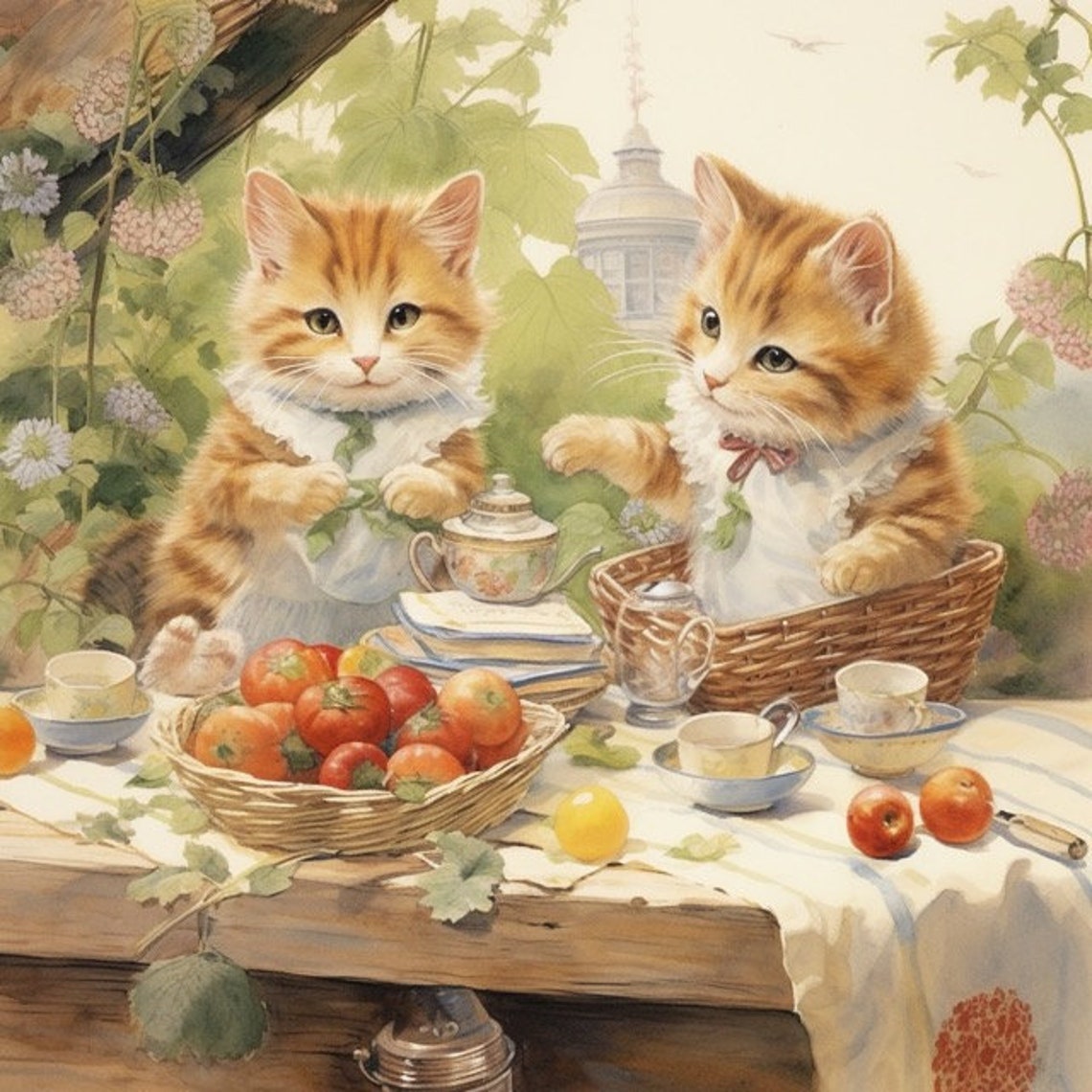 Three Kittens Having Lunch Watercolor Clip Art 4 PNG Mix Media Card ...