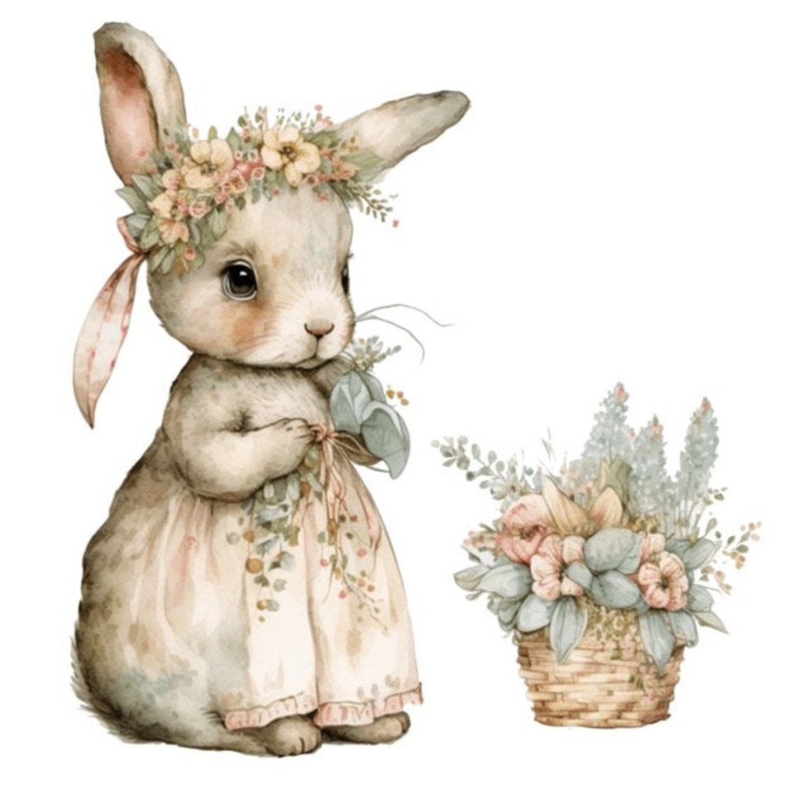 Vintage Bunny Rabbit Flowers Clip Art Sublimation Graphics Watercolor 4 ...