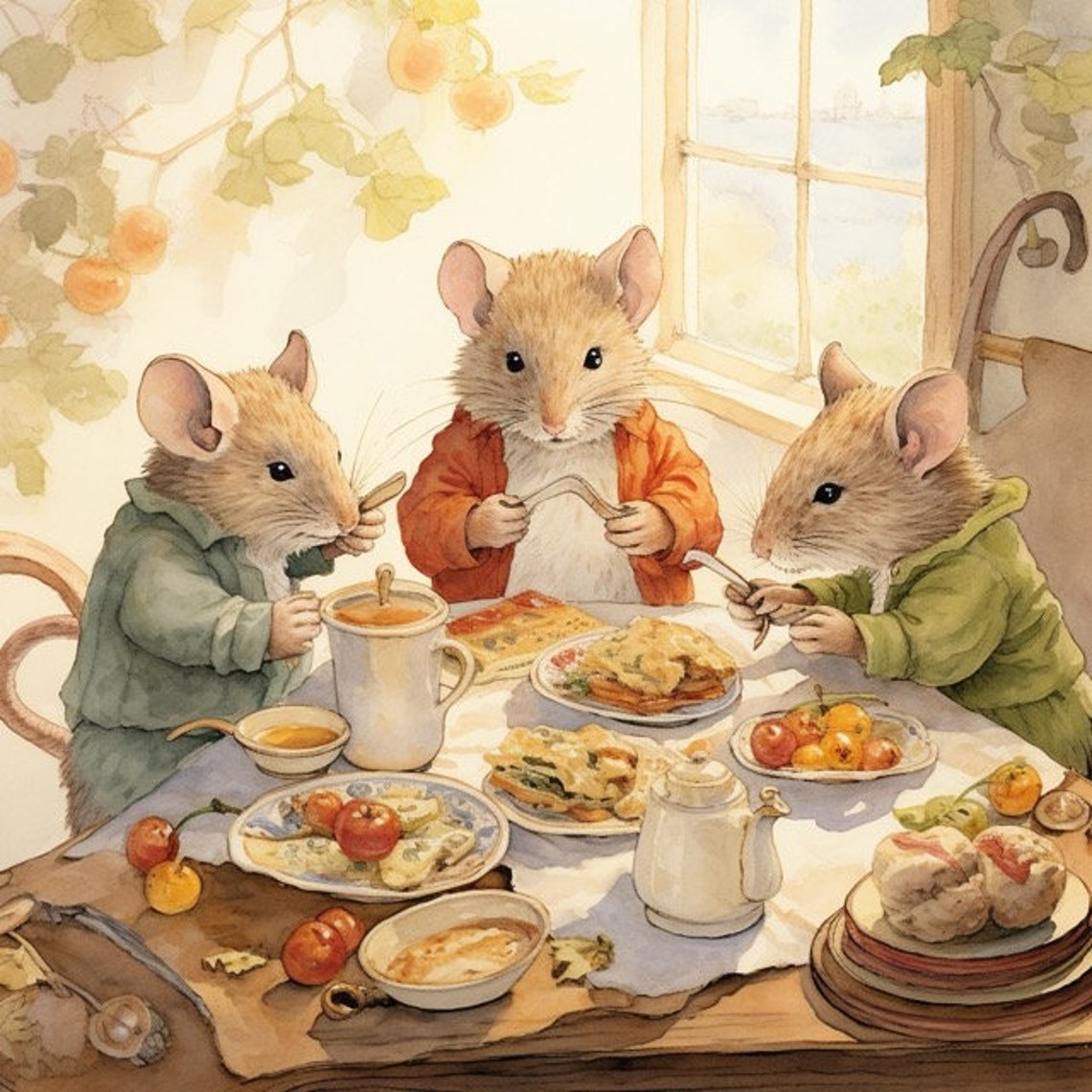 Mice Lunch Party Watercolor Clip Art 4 JPG Mix Media Card Making ...