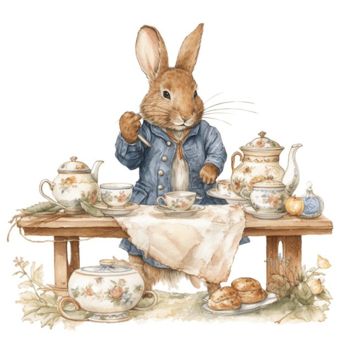 Bunny Rabbit Tea Time Watercolor Clip Art 4 High Quality PNG - Etsy