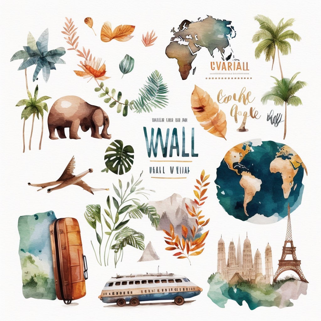 Travel Watercolor Clipart 8 High Quality JPG Watercolor Art - Etsy