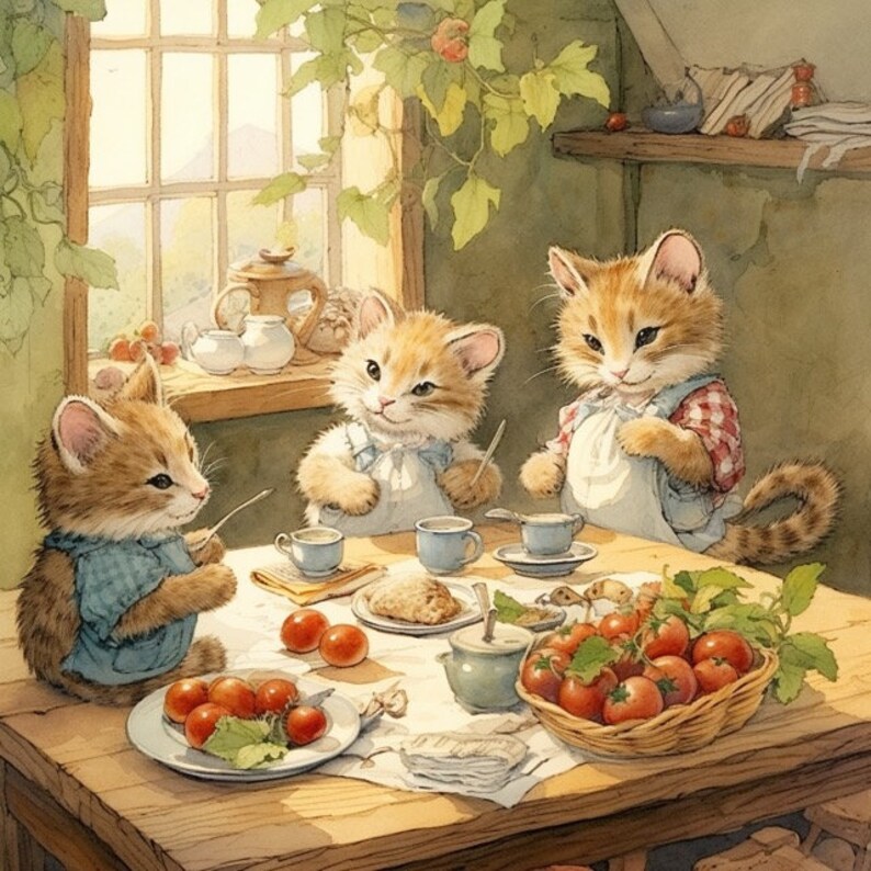 Three Kittens Having Lunch Watercolor Clip Art 4 PNG Mix Media Card ...