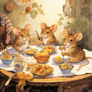 Mice Lunch Party Watercolor Clip Art 4 PNG Mix Media Card Making ...