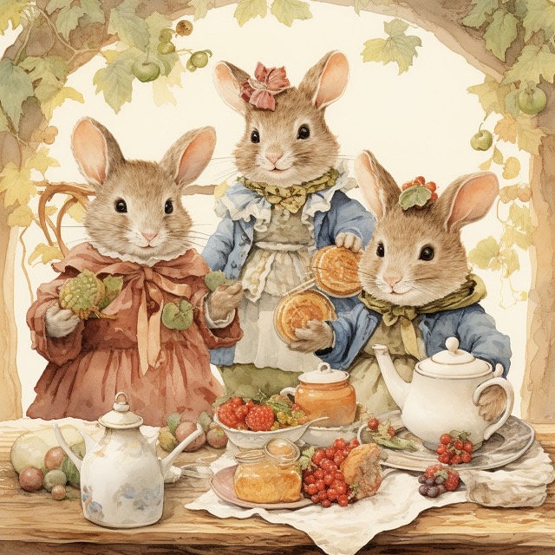 Bunny Rabbit Tea Time Watercolor Clip Art Sublimation Graphics 4 JPG ...