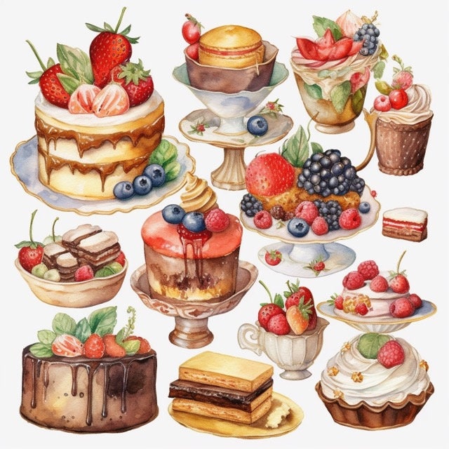 Desserts Clipart Food 8 High Quality JPG Watercolor Digital - Etsy