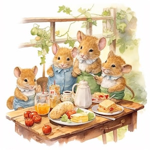 Mice Lunch Party Watercolor Clip Art 4 PNG Mix Media Card Making ...