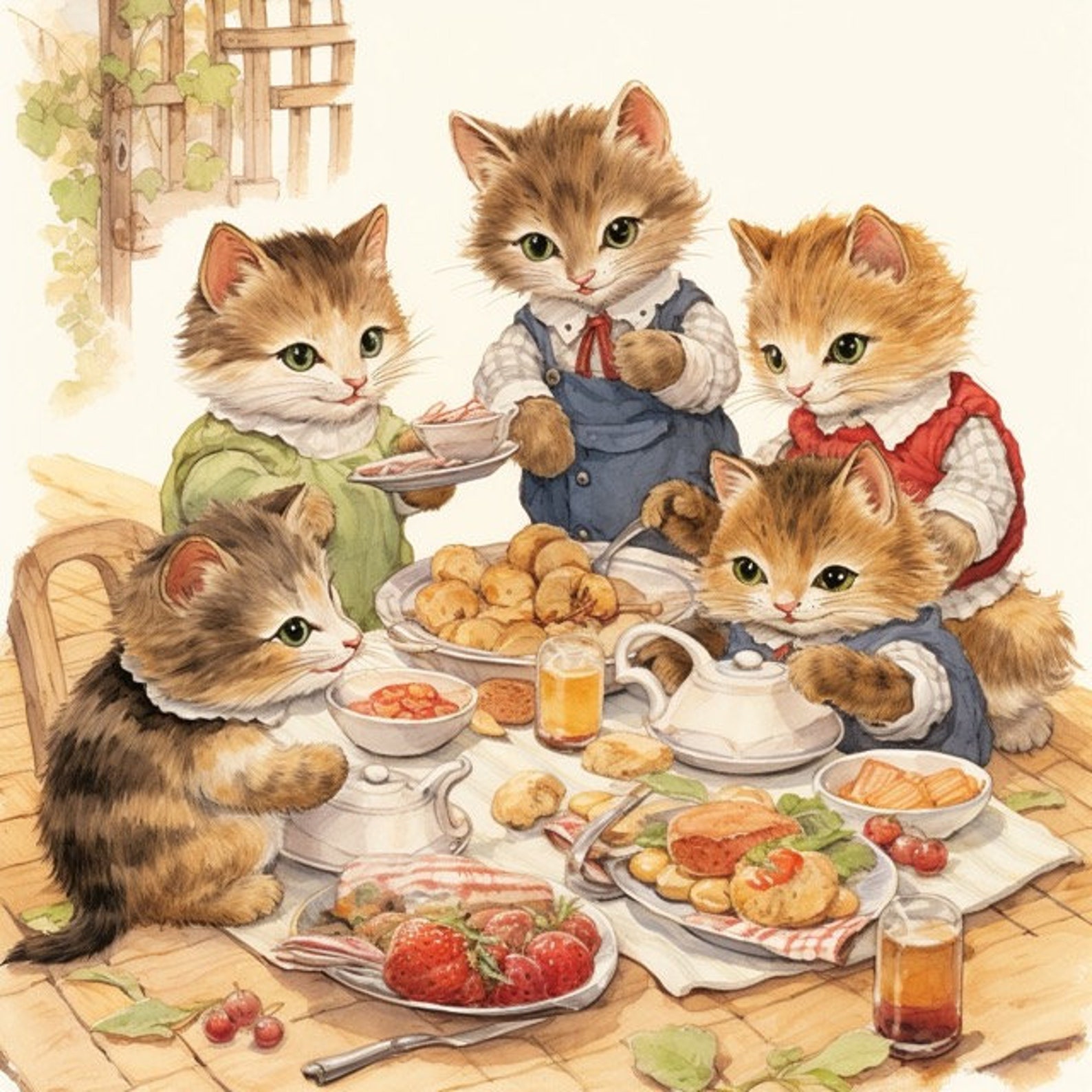 Three Kittens Having Lunch Watercolor Clip Art 4 PNG Mix Media Card ...