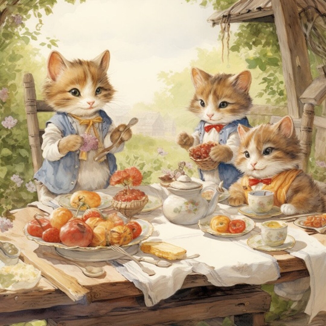 Three Kittens Having Lunch Watercolor Clip Art 4 PNG Mix Media Card ...